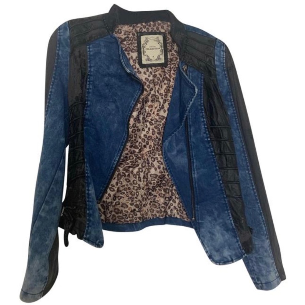 Sm Lizette Washed Denim Distressed Leather Jacket - Gem